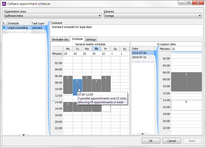 The Callback appointment schedule window
