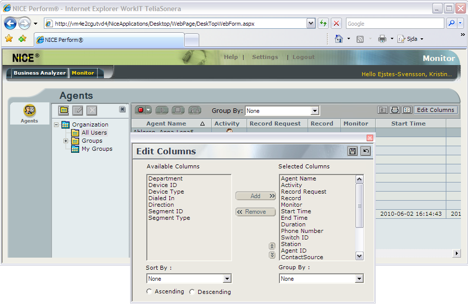 Column content in the Monitor tab